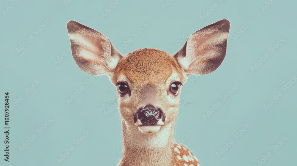 A vibrant cartoonstyle portrait of a fawn, featuring its large ears and ...