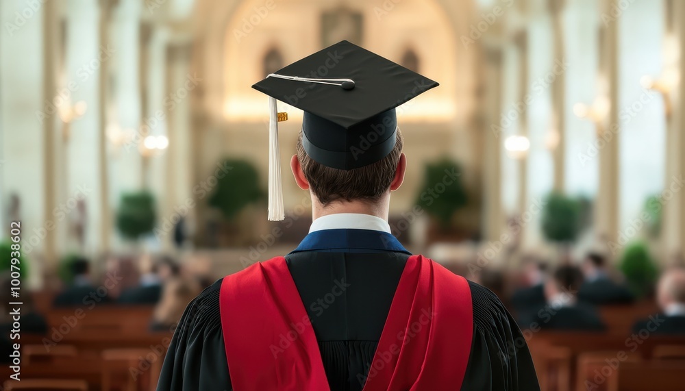 Graduate student in cap and gown at graduation ceremony, blurred ...