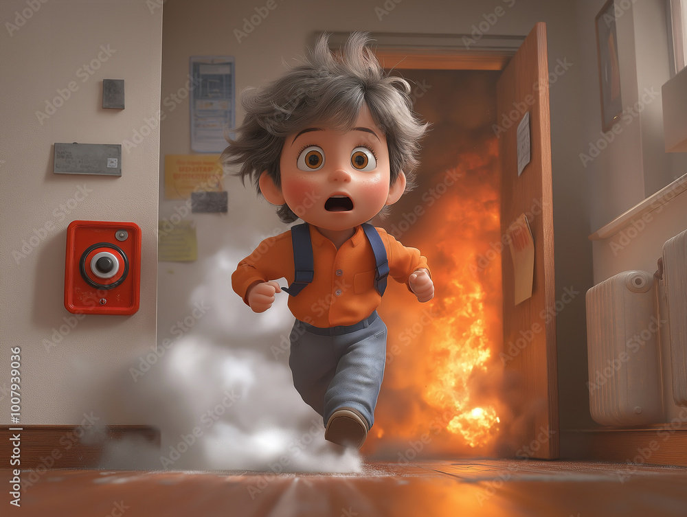 Animated illustration of school children running away from a fire and ...