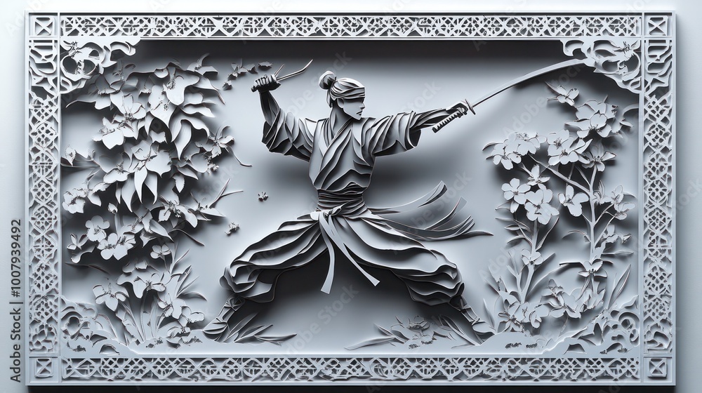 paper cutout A man in a samurai costume is holding a sword and is ...