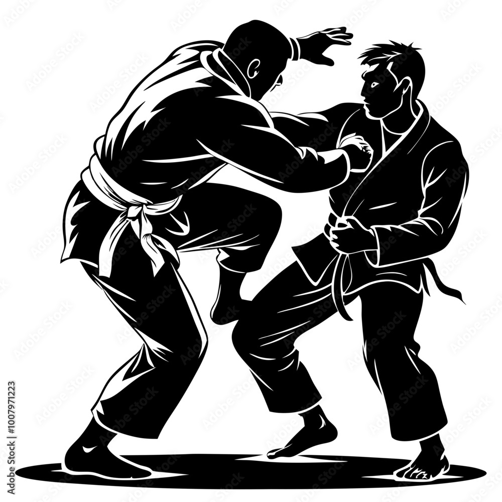 Martial Arts Silhouette: Two figures, one in a white belt and the other ...