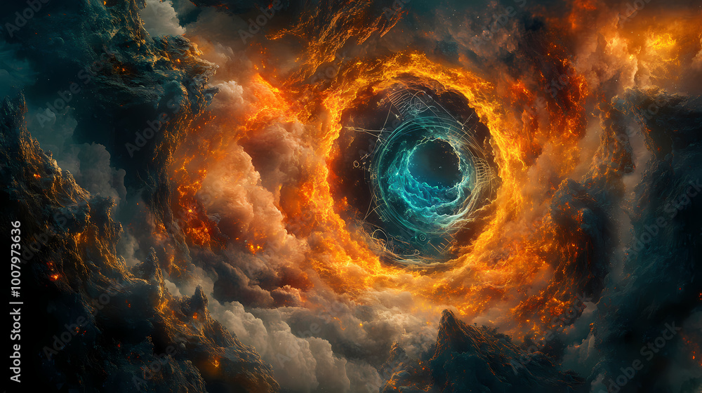 Interdimensional portal to the underworld swirling with ethereal flames ...