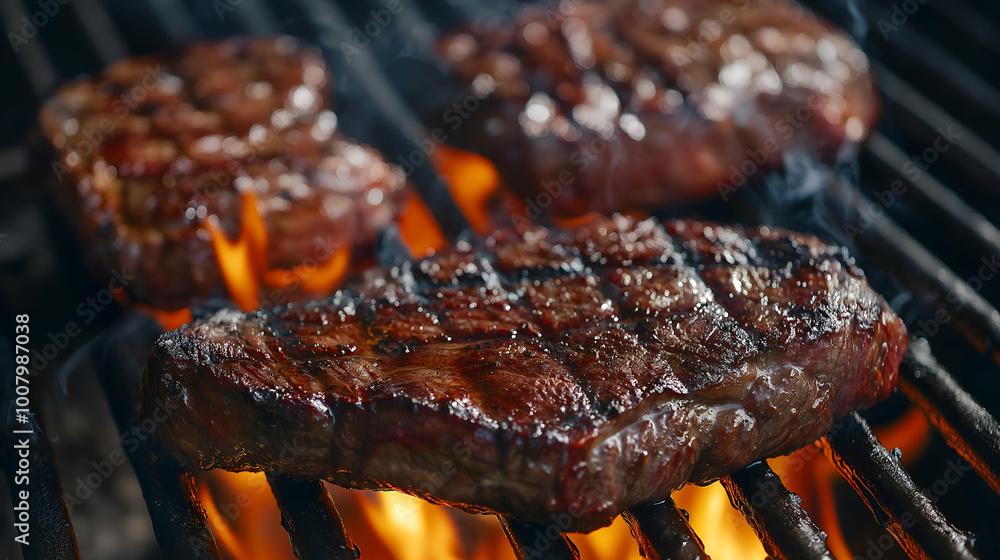 rib-eye steaks cooking on a flaming grill with bright flames, juicy ...