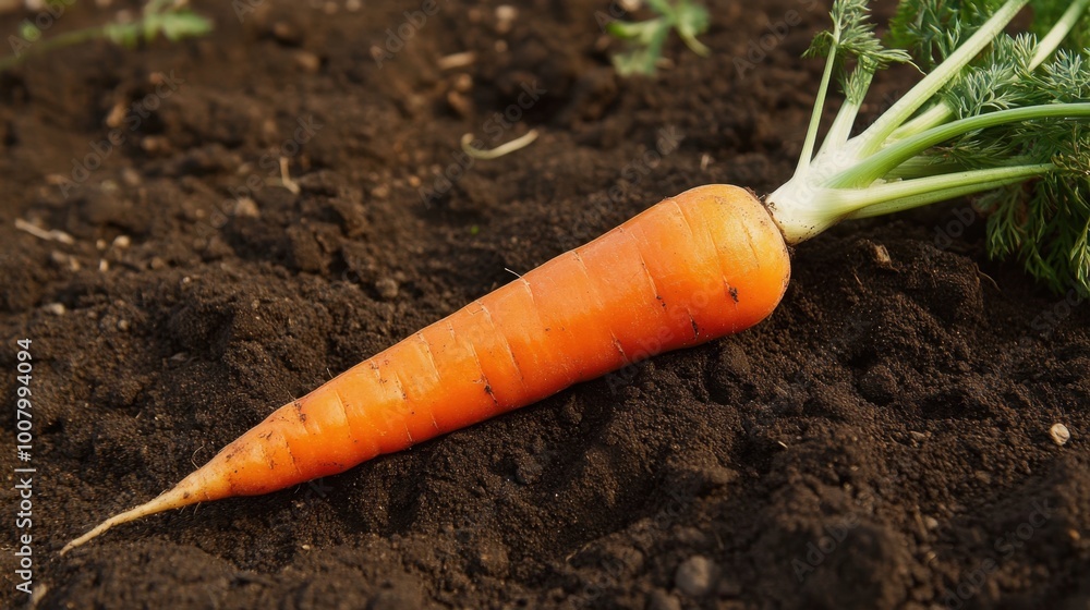 A single fresh carrot being pulled from rich dark soil revealing its ...