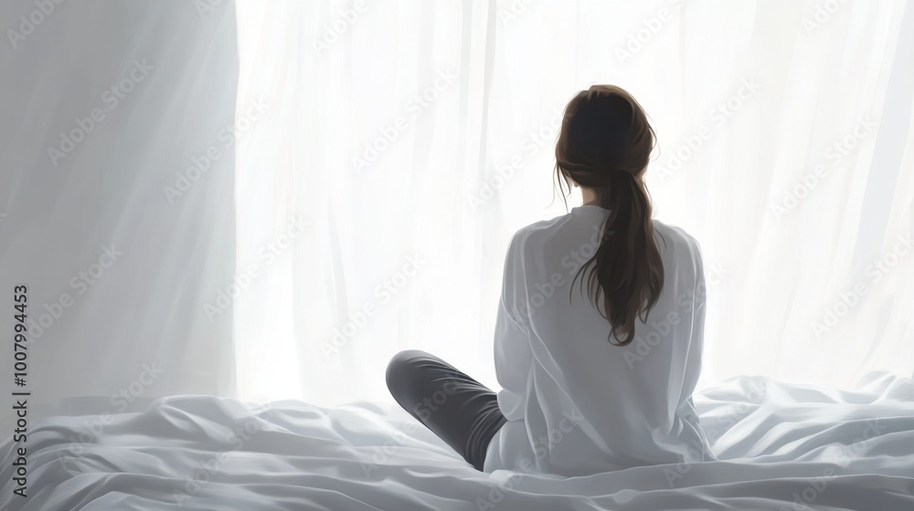 Minimalist Scene Of A Woman Seated On A Bed With Soft Natural Lighting Creating A Peaceful And