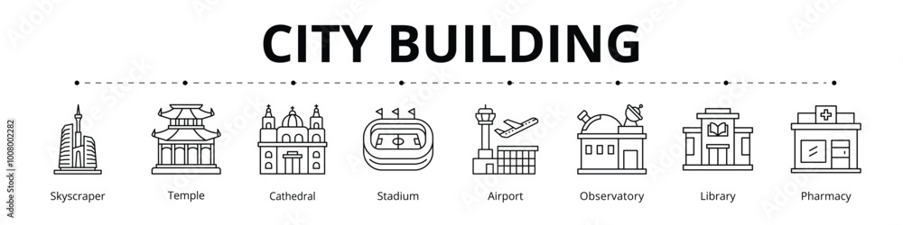 City Building Line Banner Web Icon Set Vector Illustration, Skyscraper ...