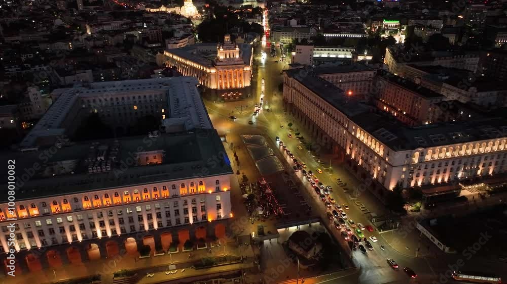 4K Aerial night view of capital of Bulgaria Sofia. Three architectural ...