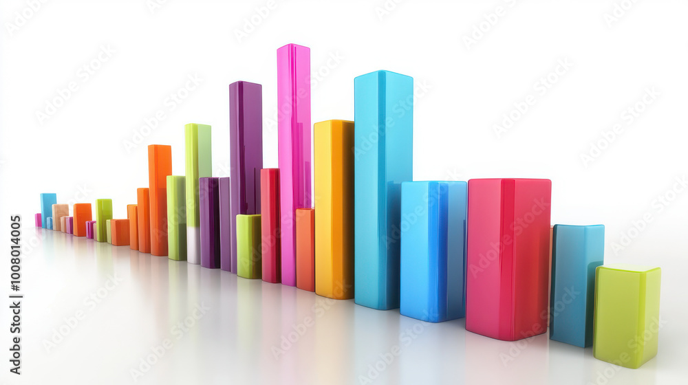 Colorful 3D bar graphs with data charts, representing business analytics, statistics, financial ...