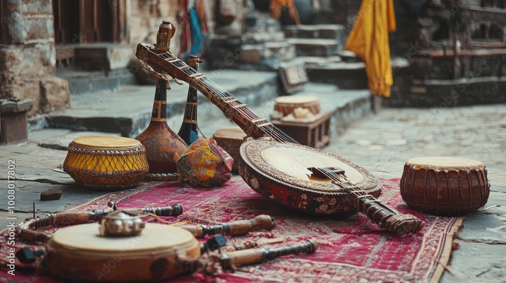 An empty scene featuring traditional Himachali musical instruments ...