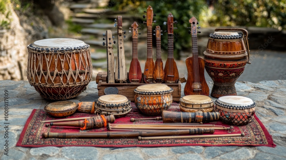 An empty scene featuring traditional Himachali musical instruments ...