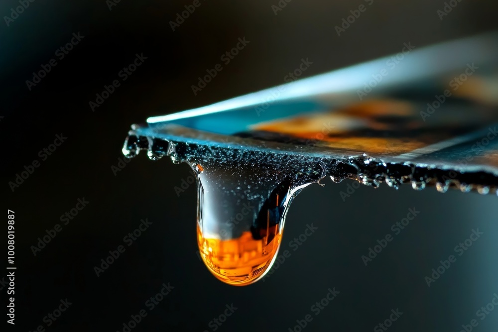 A teardrop resting on the edge of a photograph, blurring the image ...