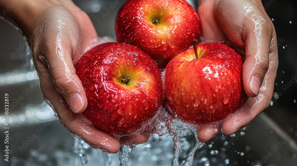 Fresh red apples being rinsed under water, showcasing vibrant colors ...