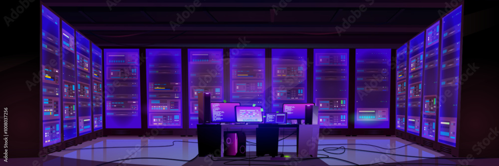 Data center server room interior with neon glow purple digital ...