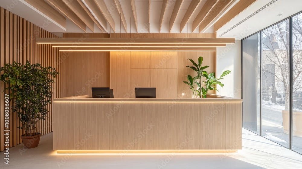 Light wood reception desk in a minimalist office waiting room, LED ...