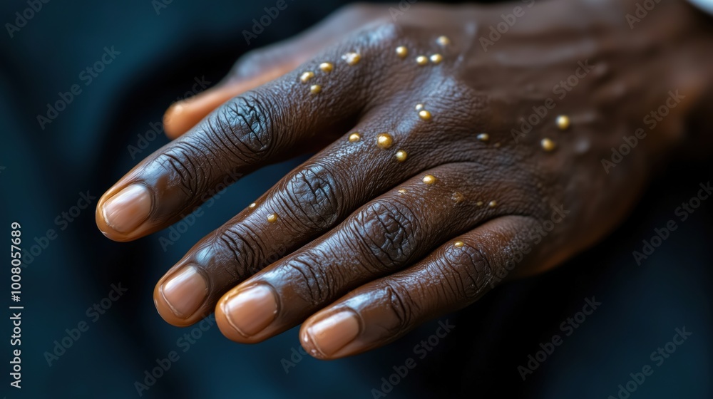 Monkeypox lesions on a hand in close-up view. Close-up of a person’s ...