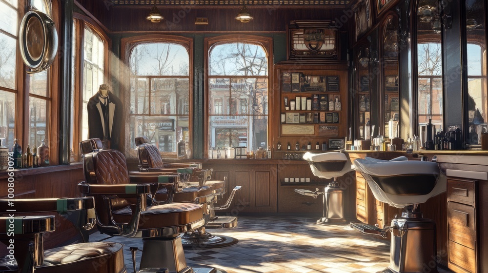 Retro barber shop featuring classic grooming tools, aged leather seats ...