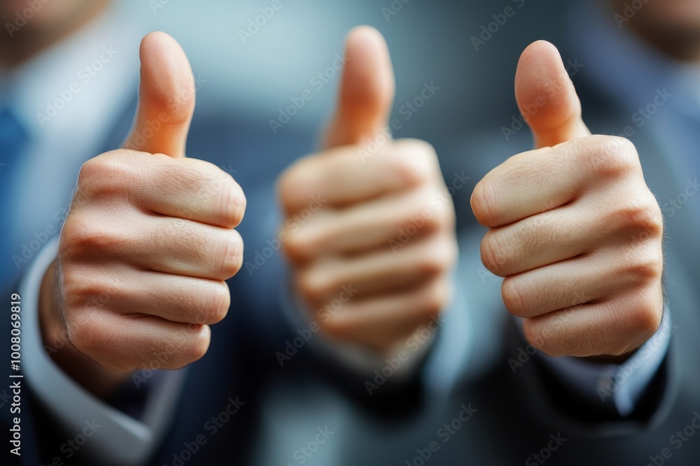 Hands showing thumbs up with business men endorsing, giving approval or saying thank you as a ...