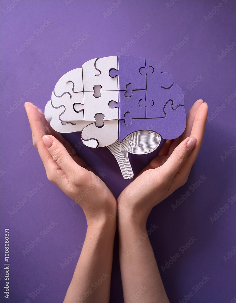 Hands holding brain with puzzle paper cutout, autism, demential ...