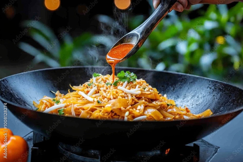Hyper-realistic image of a vendor adding sauce to Pad Thai in a wok ...