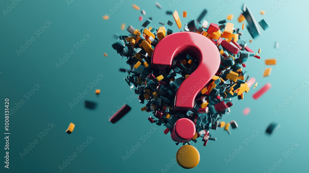 Colorful question marks burst from center, creating dynamic and ...