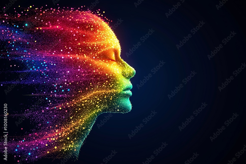 Colorful face with a rainbow of colors Silhouette of head with glowing ...