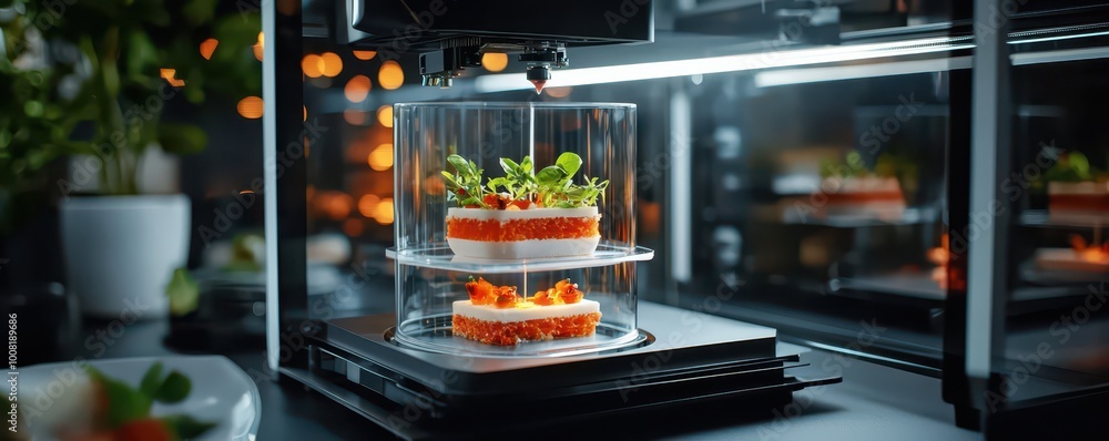 A modern food printer displaying layered dishes, showcasing vibrant ...
