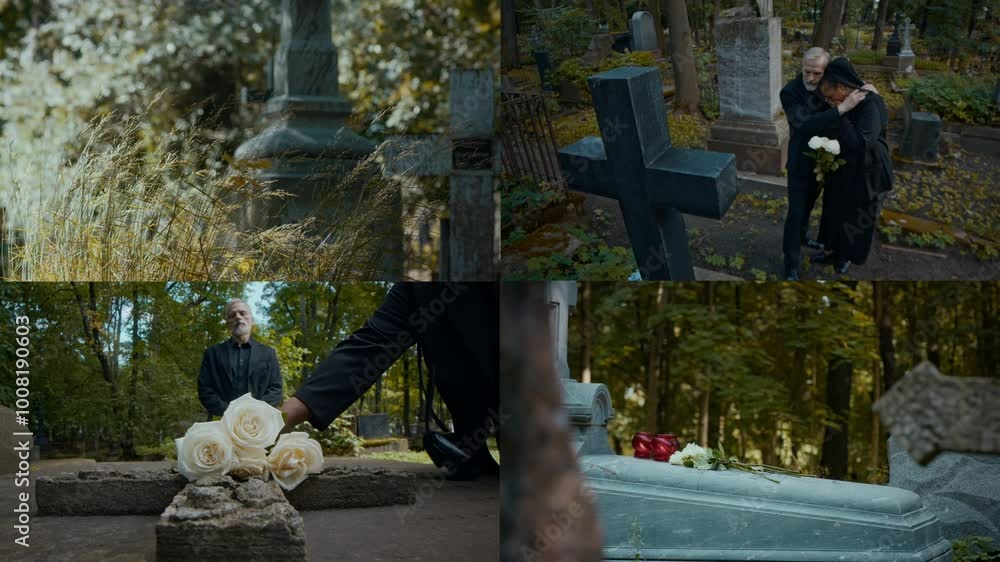 Split screen showing old peaceful cemetery with memorial crosses and grave adorned with candles ...