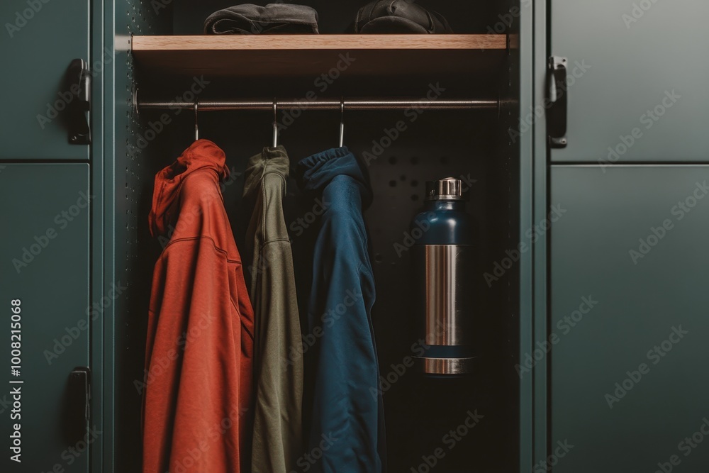 gym locker showcasing orange, green and navy blue jacket hangs, water ...