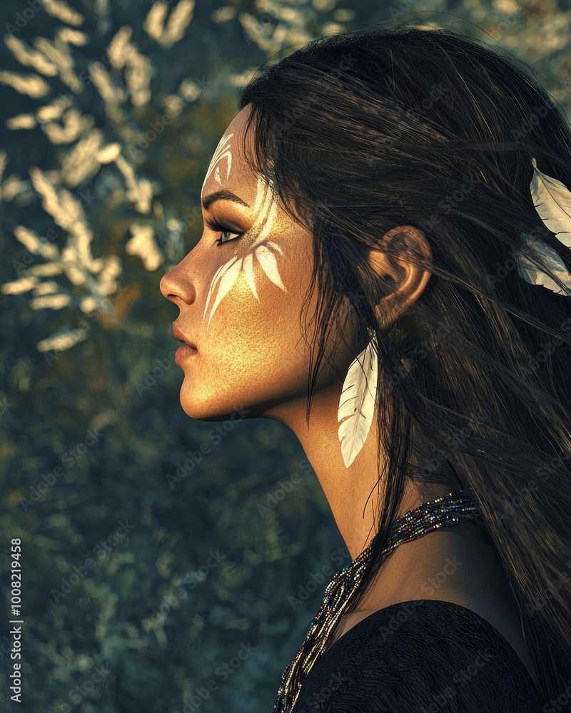 photo realistic of a beautiful woman, with subtle face paint indicating ...