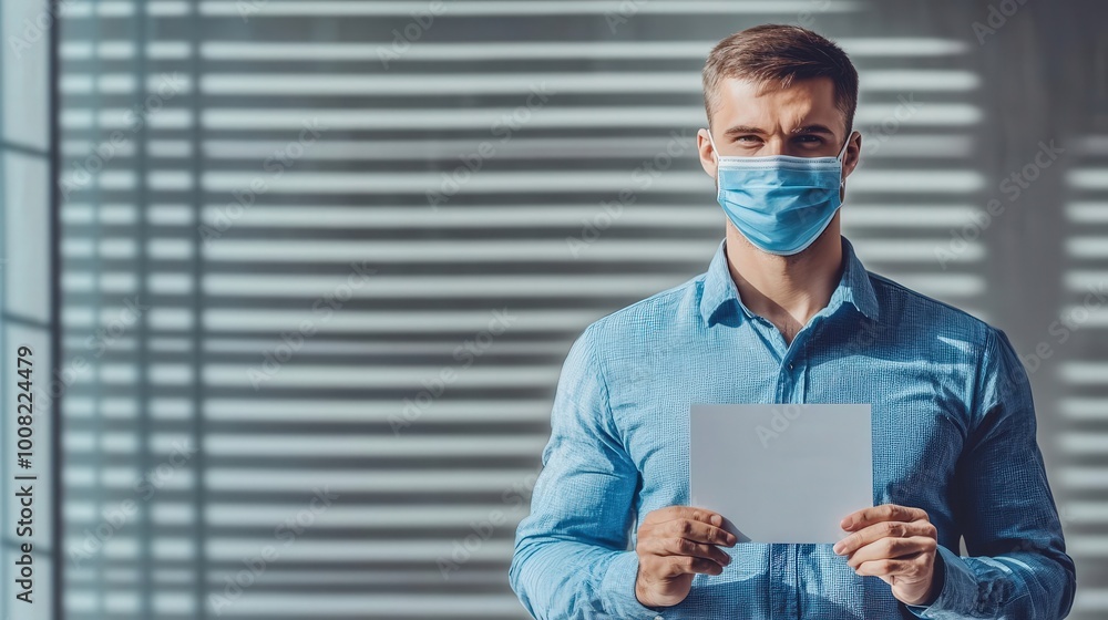 Capture a minimalist mugshot of a short-haired man in a blue mask and ...