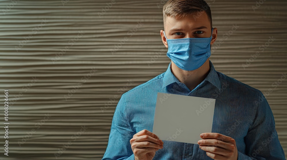 Capture a minimalist mugshot of a short-haired man in a blue mask and ...