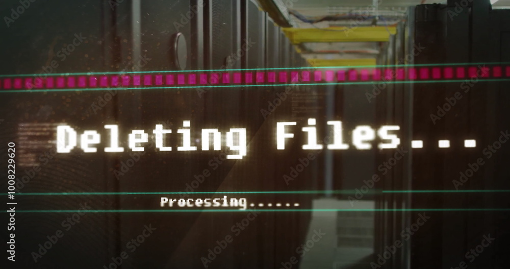 Image of deleting files, processing text on interface over server room ...