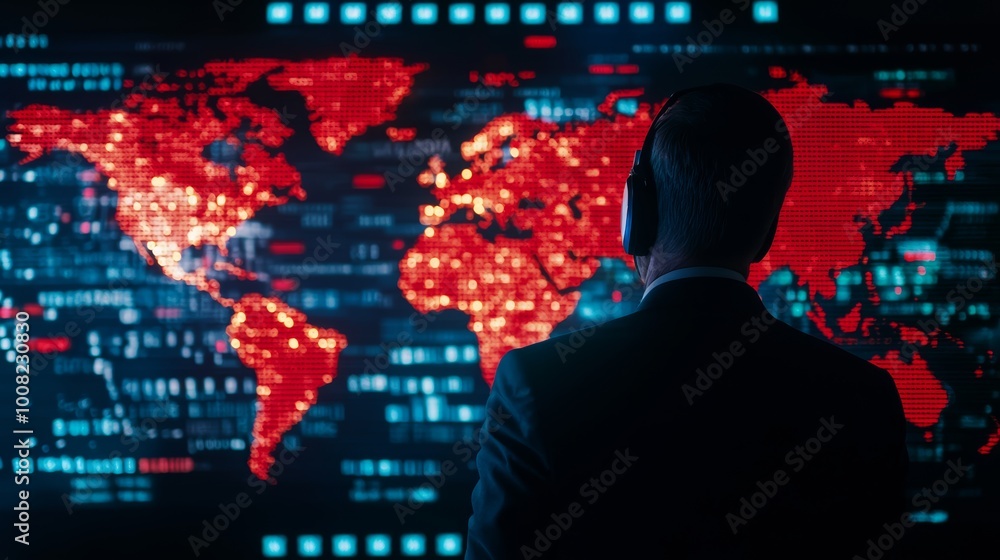 Professional news anchor in sleek studio, digital screens with world ...