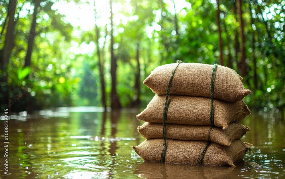 Stack of burlap sandbags in floodwaters, emergency flood defense ...