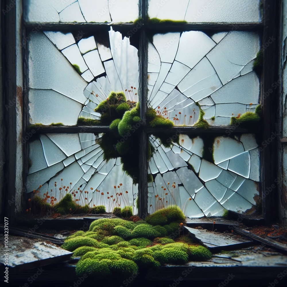 Cracked window with moss growing in the fissures – An old crac Stock ...