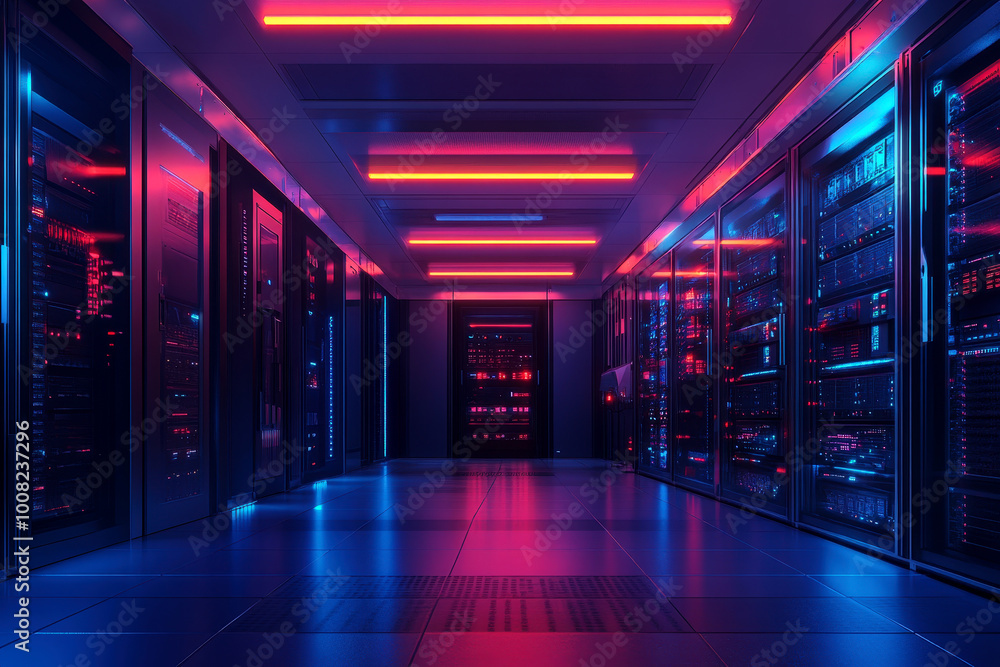 Rows of server racks in a modern data center, with glowing lights and a ...