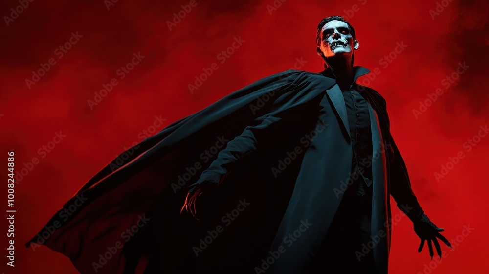 A tall man dressed as a sinister vampire stands in a dramatic pose ...