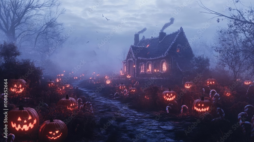 Mysterious Halloween scene with a spooky house surrounded by glowing ...