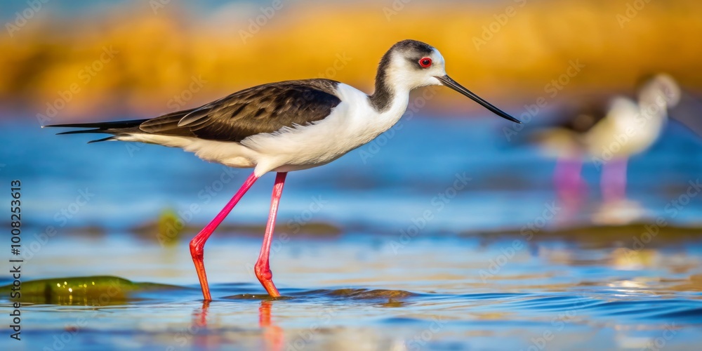 Pied stilt wading in shallow waters searching for crabs on a sunny day ...