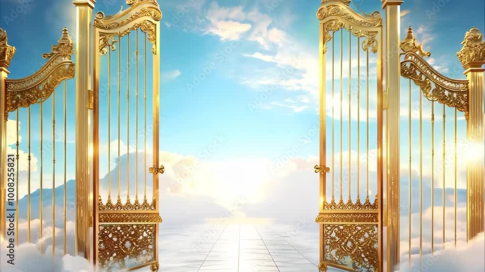 A pair of ornate golden gates opening to a bright light above fluffy ...