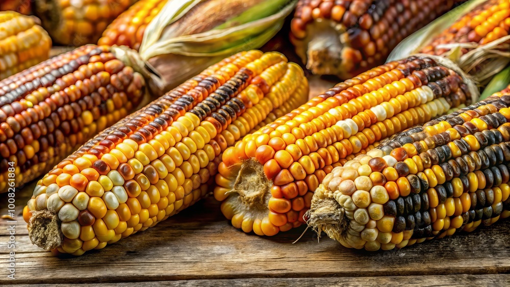 Rotten corn on a table, displaying its deteriorating texture and varied ...