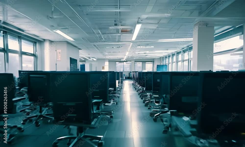 Empty office space with rows of cubicles and computer screens ...