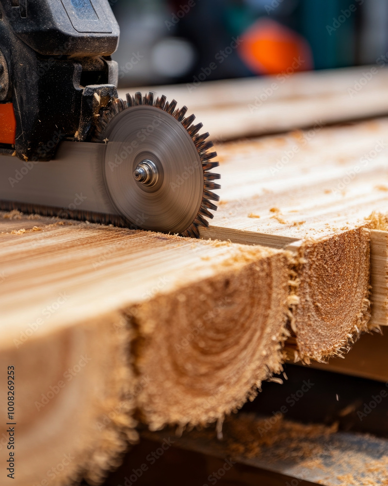 A close-up of a cross-laminated timber panel being cut to size with a ...