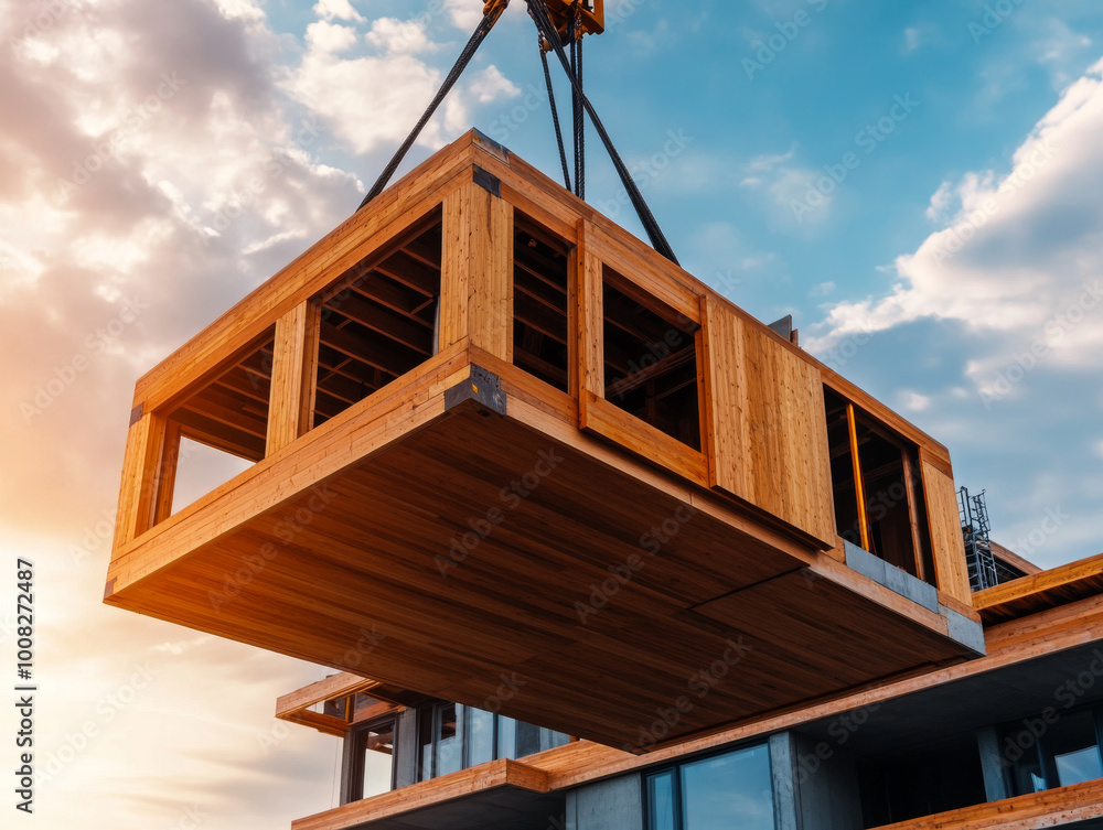 A close-up of cross-laminated timber (CLT) panels being lifted into ...