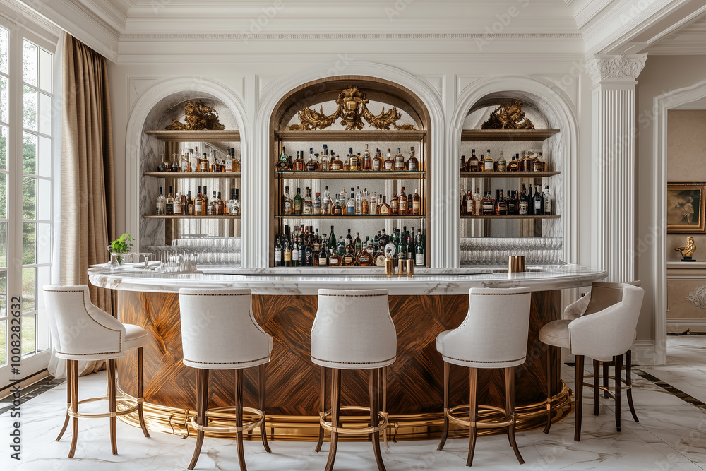 Luxurious neoclassical home bar with marble countertop, wooden design ...
