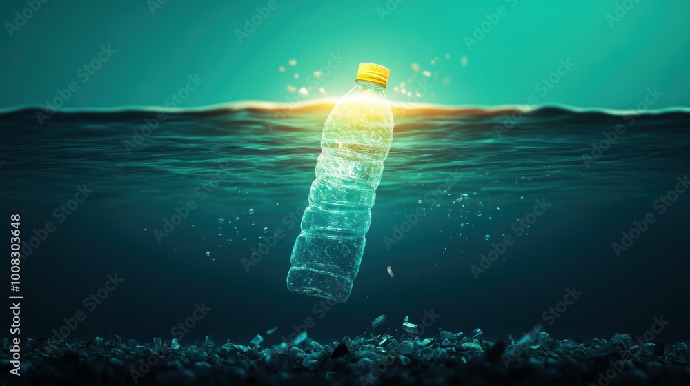 Illustration of a plastic bottle decomposing in the ocean, highlighting ...