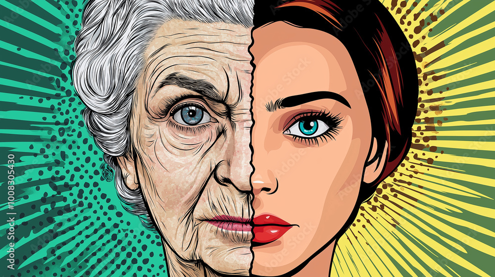 Pop art Half Old Woman and Half Young Woman Face. Colorful background ...