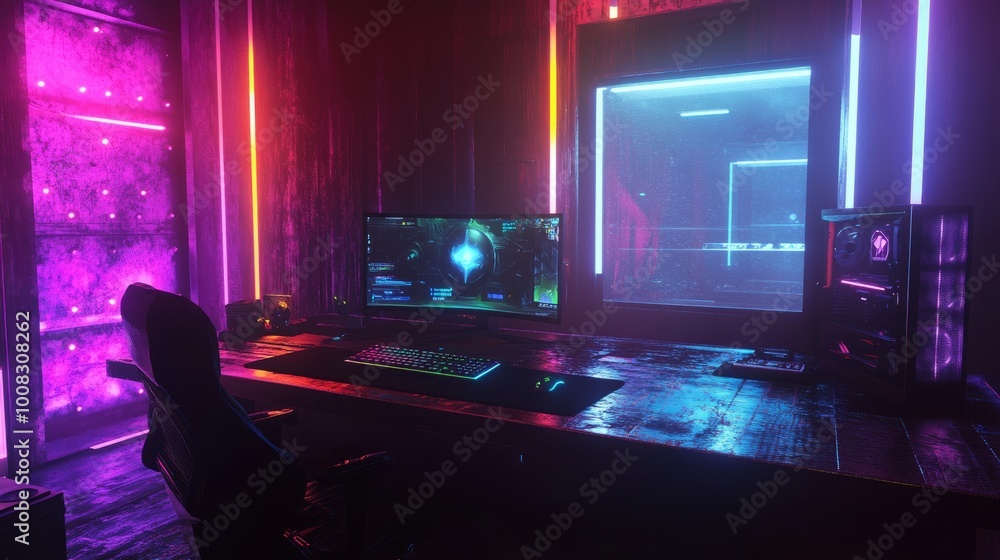 Computer game table with vibrant sRGB lighting, clear window visible in ...