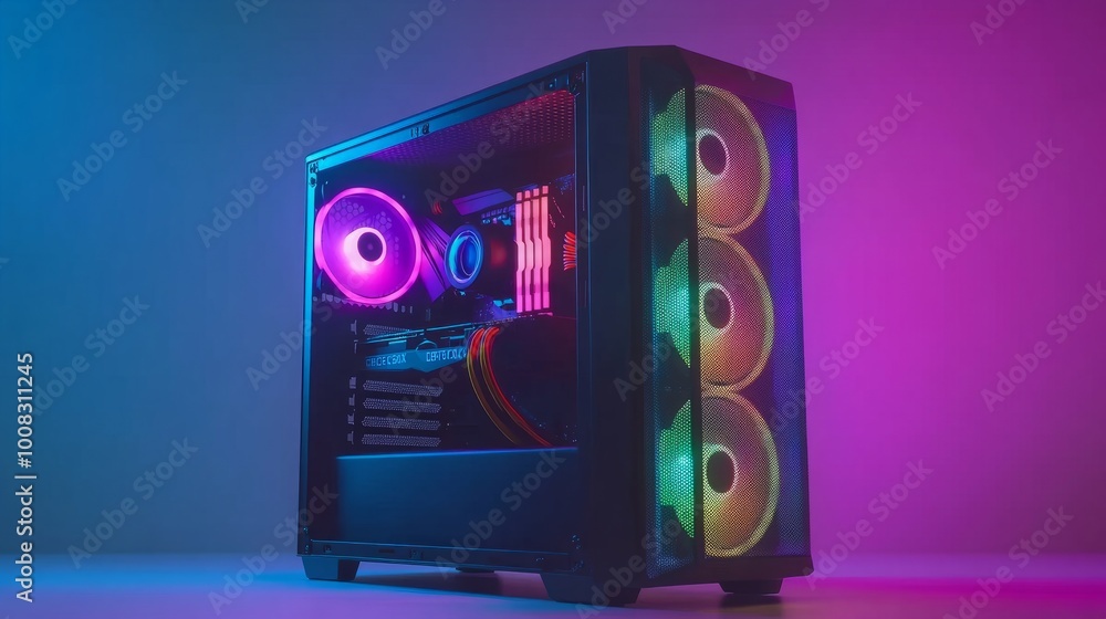 High-end gaming PC case with RGB lighting, clear side window revealing ...