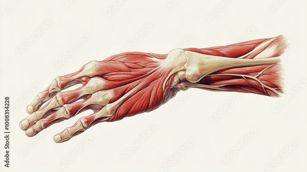 Anatomical illustration of the human hand and forearm, showing muscles ...